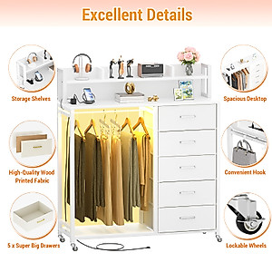 Cyclysio Dresser for Bedroom with Clothes Rack & Shelves, White 5 Drawers Dresser with Charging Station & LED Lights, Chest of Drawers with Lockable Wheels, Storage Shelves, Bedroom, Closet,Entryway