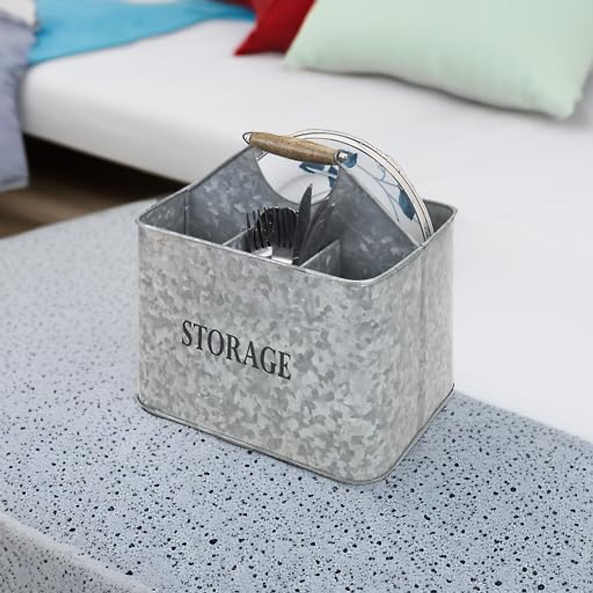 MyGift 4-Slot Rustic Galvanized Metal Utensil Holder, Picnic Storage Organizer for Paper Plates, Napkins and Silverware - Handcrafted in India