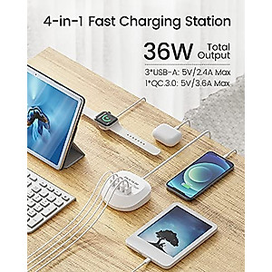 USB Charging Station with Quick Charge 3.0, JACKYLED 4 USB Charging Hub, Desktop USB Charger Station for Multiple Devices, Compatible with iPhone iPad Galaxy Smart Phone for Home Travel, White