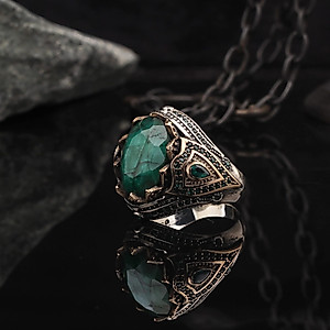 Emerald Stone Men Silver Ring, 925 Sterling Silver Emerald Gemstone Ring, Handmade Engraved Turkish Silver Ring with Natural Emerald Stone gifts for men handmade rings valentines day gifts for him