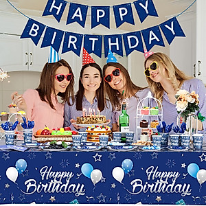 171 Pieces Happy Birthday Party Tableware Set Birthday Decoration Birthday Banner and Tablecloths Plates Cups Napkins Party Dinnerware for 24 Guests Party Supplies (Blue and Silver)
