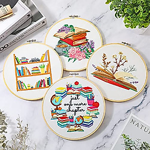 4 Set Embroidery Kit for Beginners Adults Cross Stitch Embroidery Kit for Book Lovers DIY Needlepoint Kit with Book Patterns, Instructions, Embroidery Hoops, Needles, Colored Threads, Needle Threader