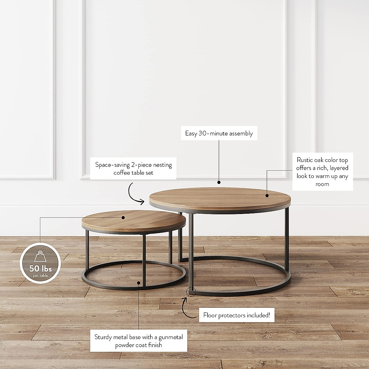 Nathan James Stella Round Modern Nesting Coffee (Set of 2), Stacking Living Room Accent Tables with Tabletops and Matte Metal Frame, Reclaimed Oak/Gunmetal