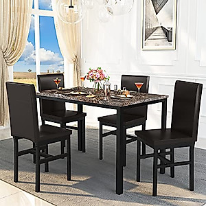 DKLGG Dining Table Set for 4, 5 Pieces Faux Marble Dining Set Kitchen Table and Chairs with 4 Leather Upholstered Chairs for Kitchen, Bar, Living Room, Breakfast Nook, Small Space