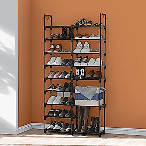 UMBFUN 9 Tiers Shoes Rack Organizer for Entryway Hold 32-40 Pairs Shoes and Boots Black Metal Garage Shoes Storage Tall Stackable Free Standing Big Shoe Rack for Closet with 4 Hooks(2x9)