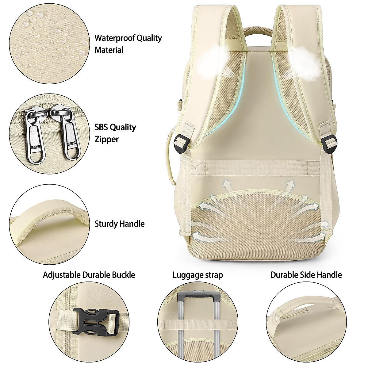 Travel Backpack for Men Women 17 Inch Flight Approved Carry on Backpack Waterproof Large 40L Luggage Daypack Business College Weekender Overnight Laptop Backpack with 3 Packing Cubes, Beige