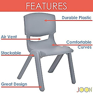 JOON Stackable Plastic Kids Learning Chairs, 20.5x12.75X11 Inches, The Perfect Chair for Playrooms, Schools, Daycares and Home, Dark Gray, (2-Pack)