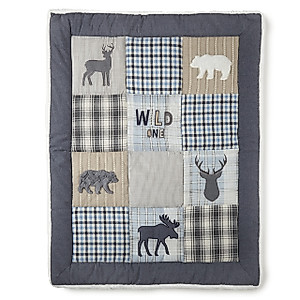 Levtex Baby - Logan Crib Bed Set - Baby Nursery Set - Navy Grey White Blue Taupe Blue - Deers, Bears and Moose - 4 Piece Set Includes Quilt, Fitted Sheet, Wall Decal & Skirt/Dust Ruffle