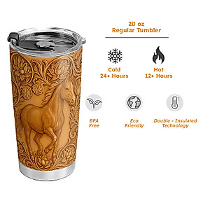 20oz Wooden Flower Horse Tumbler, Country, Equestrian Gifts for Horse Lovers, Coffee Thermos for Women, Men, Stainless Steel Double Wall Vacuum Insulated Coffee Mug, Travel Cup with Lid