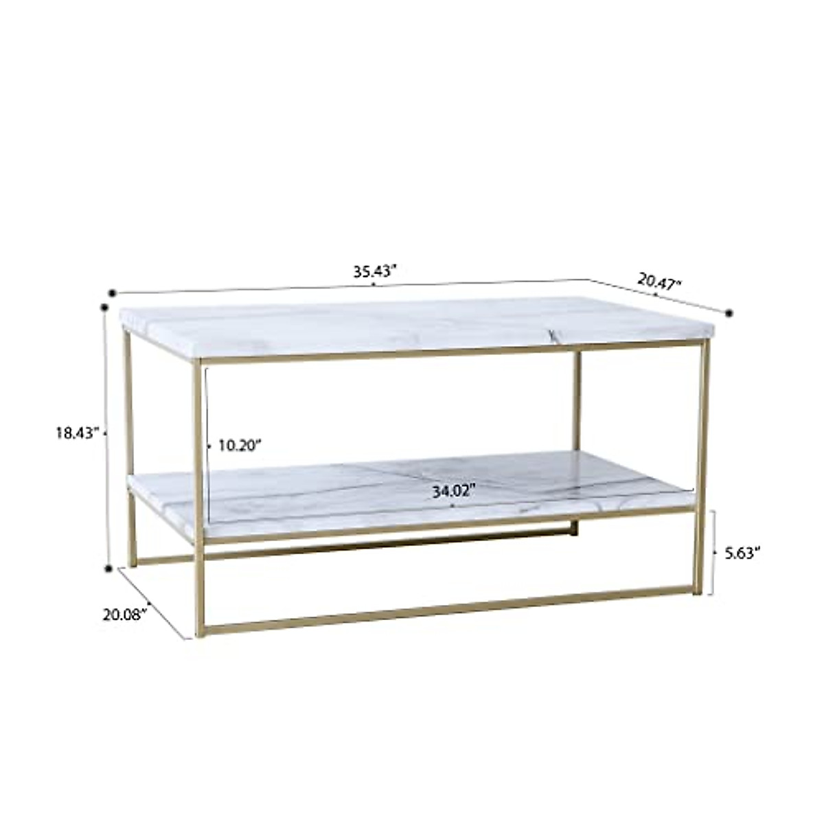 roomfitters 35” Faux Marble Coffee Table, Marble Top Rectangular Coffee Table, Center Table with Gold Metal Frame, 2 Tier Living Room Table, Cocktail Table with Storage for Living Room
