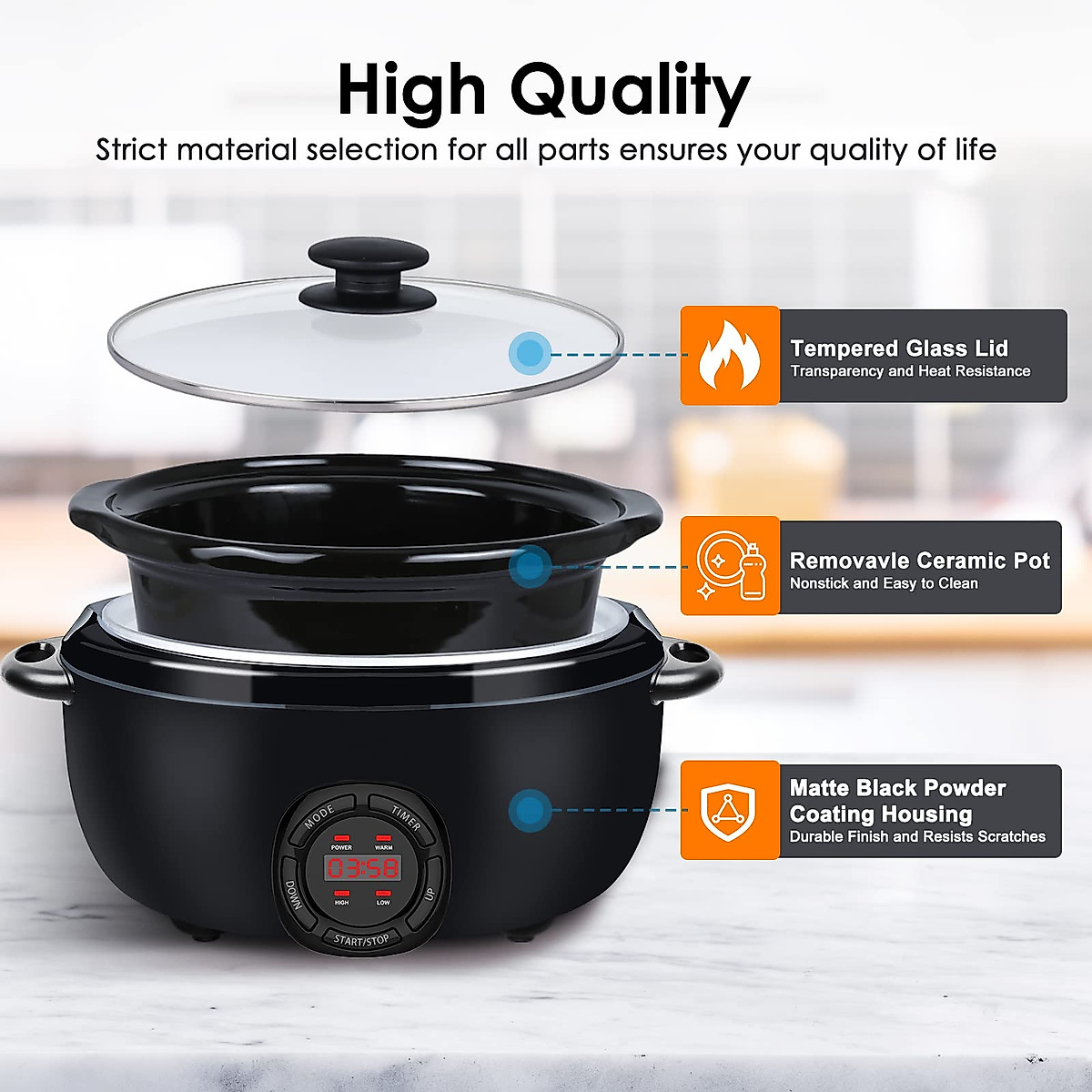 bathivy 7 Quart Slow Cooker, Electric Oval Programmable Slow Cooker with Nonstick Ceramic Pot, 3 Tempature Settings, Digital Countdown Timer, Keep Warm, Dishwasher Safe Glass Lid & Crock, Easy Carry Side Handles, Matte Black Powder Coating Housing