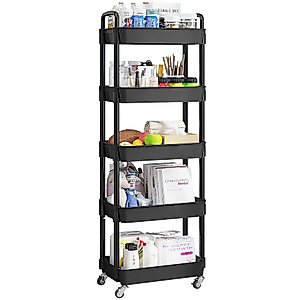 UDEAR 5-Tier Rolling Utility Cart with 12 Category Labels,Multifunctional Storage Shelves with Handle and Lockable Wheels for Room,Office,Kitchen,Bathroom,Black