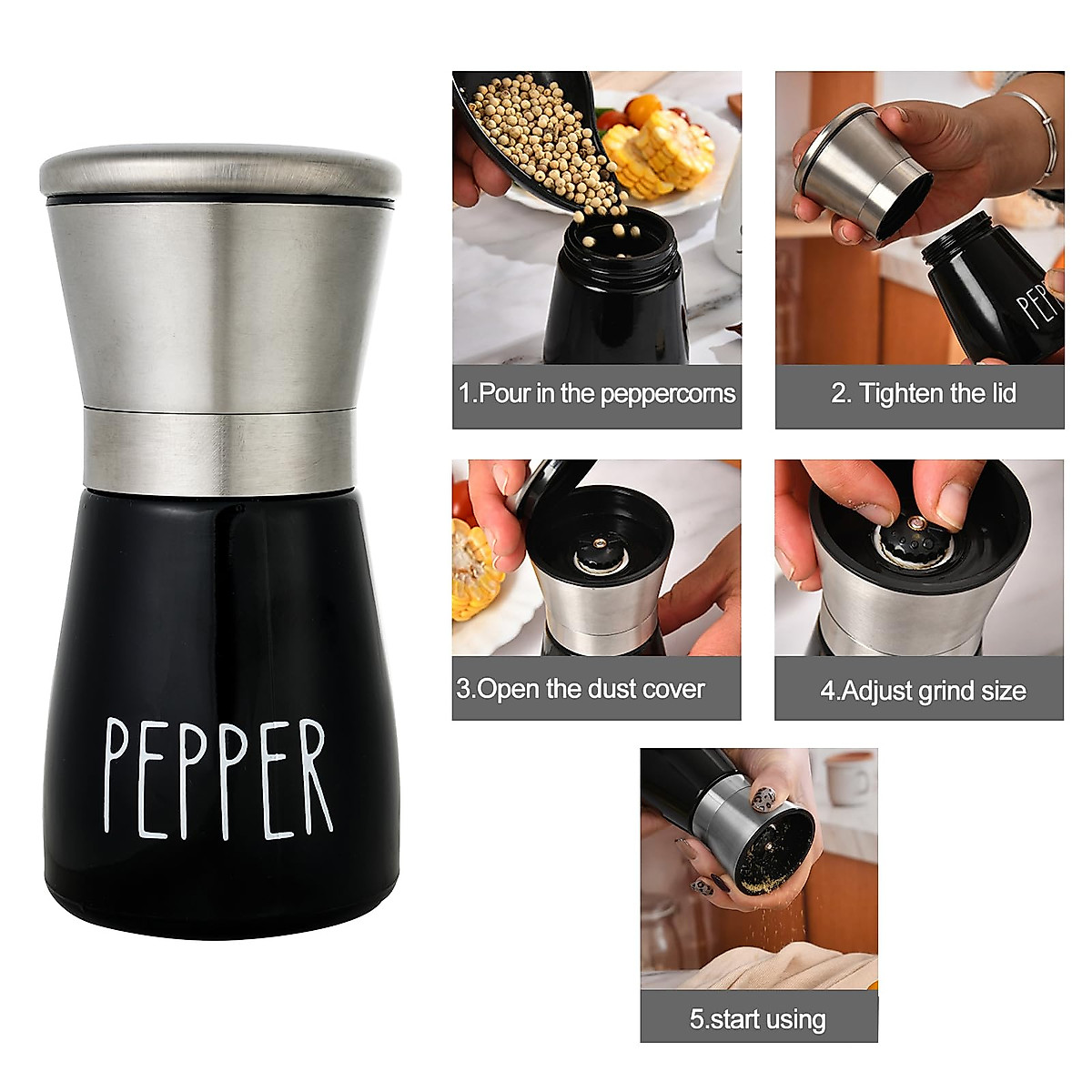2PCS Salt and Pepper Grinder Set, Black and White Original Salt and Pepper Grinder Set - Adjustable Sea Salt Grinder & Pepper Grinder - Stainless Steel & Glass Salt and Pepper Shakers 2pack