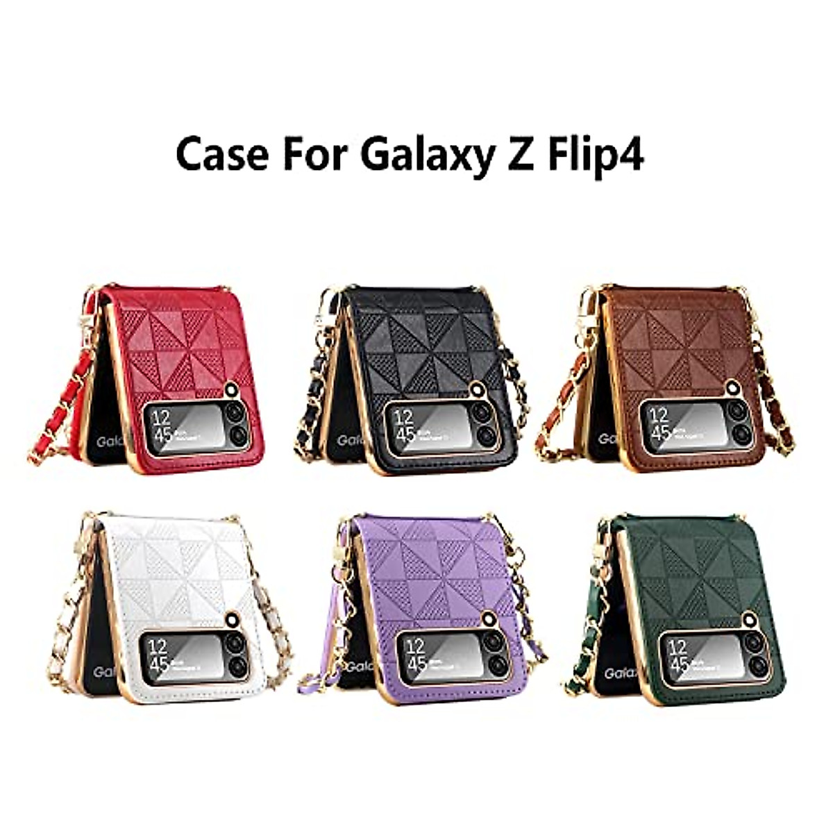 SHIEID Genuine Leather Galaxy Z Flip 4 Case with Chain, Noble Temperament, Diamond Shape Design Fine Texture Z Flip 4 Case for Samsung Galaxy Z Flip 4, Brown