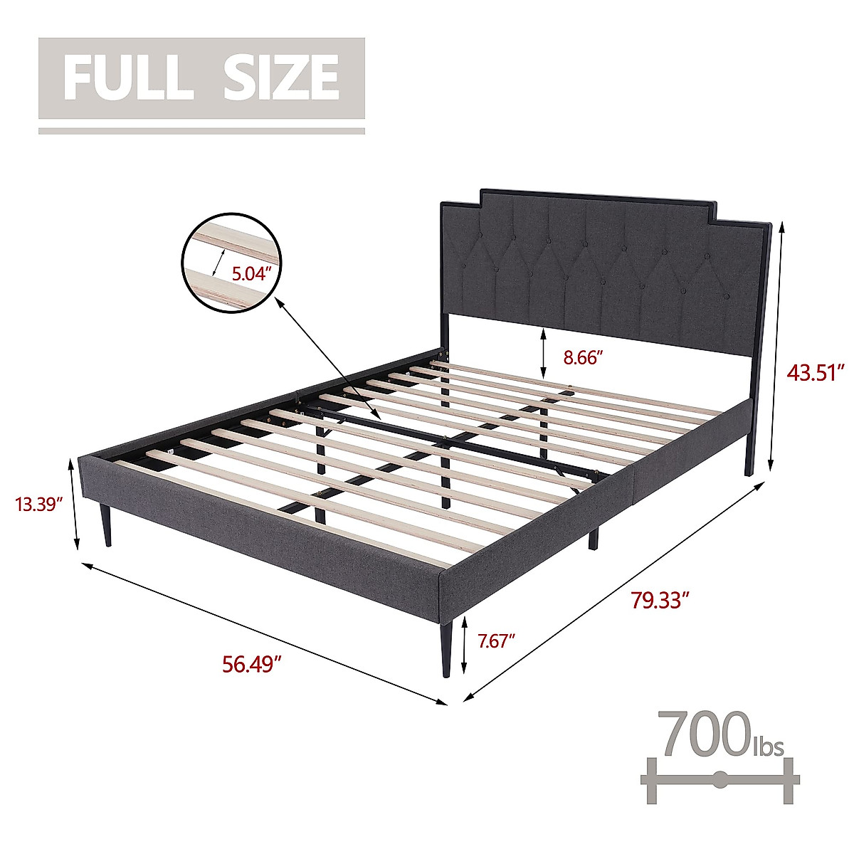 AGARTT Upholstered Platform Full Size Bed Frame with Headboard Premium Stable Wood Slat Support No Box Spring Required Black