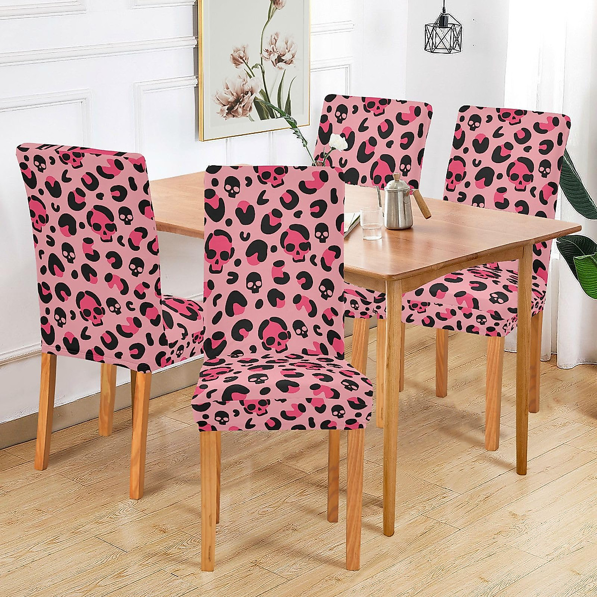JUNZAN Halloween Skull Leopard Camouflage Pink Chairs Covers Set of 4 Slipcovers Spandex Dining Chair Covers for Outdoor Chair Ceremony