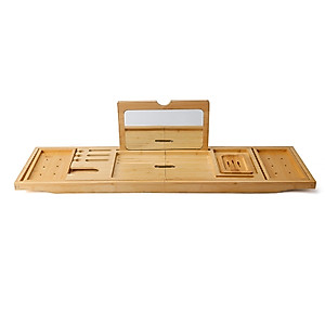 Bathtub Tray Table with Mirror and Bath Pillow, Expandable and Foldable Bamboo Bath Tray for Tub Soft and 4D Mesh Bathtub Pillow Luxury Bath Accessories Spa Gifts