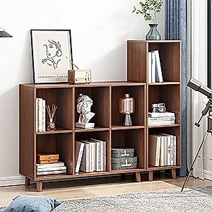 IOTXY Freestanding Open Cubes Bookcase - 2-Tier Floor Standing Wooden Storage Display Cabinet Organizer with Legs for Home Office, 6-Cubes Open Shelf Low Short Bookshelf, Walnut