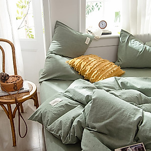 OS OMYSTYLE Sage Green Duvet Cover King Size 100% Washed Cotton Linen Like Textured for All Seasons, 3 Pieces Ultra-Soft Solid Color Bedding Set with Zipper Closure, 1Pc Duvet Cover 2Pcs Pillowcases