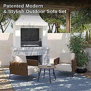 EAST OAK 3 Pieces Patio Furniture Set, Armchairs with Coffee Table, Outdoor Furniture with Thick Cushion, Modern Furniture Deep Seating for Garden Porch, Chestnut Brown & Creamy Apricot