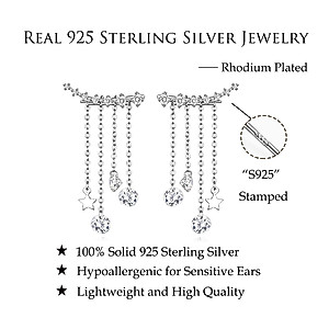 Reffeer Solid 925 Sterling Silver Crawler Earrings Tassel Chain Dangle for Women 7 Crystal Cuff Earrings Chain Wraps Climber