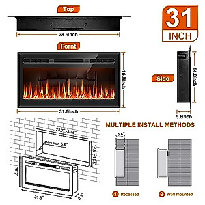 31" Mirrored Electric Fireplace Wall Mounted and Recessed, Ultra-Thin Electric Fireplace Inserts, Fireplace Heater and Linear Fireplace with Timer/Remote Control/12 Adjustable Flame Color, 750w/1500w