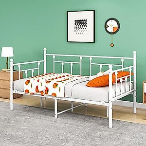 HAHRIR Metal Daybed Frame and Trundle Set Premium Steel Slat Support Daybed and Roll Sofa Bed (Shiny White, Twin)