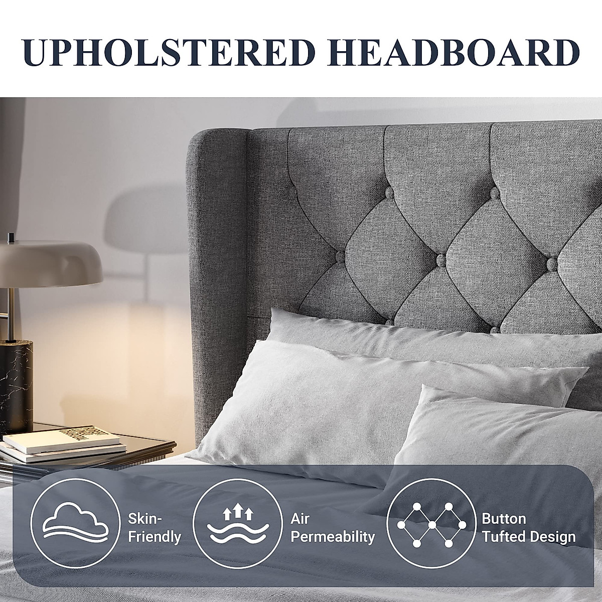 Allewie Full Size Bed Frame with Button Tufted Wingback Headboard, Modern Fabric Upholstered Platform Bed Frame with Strong Wood Slat Support, No Box Spring Needed, Easy Assembly, Light Grey