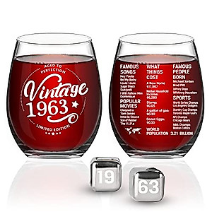 Greatingreat 1963 Old Time Information 60th Birthday Gifts for Women Men - 1963 Vintage 15 oz Stemless Wine Glass - 60 Year Old Birthday Party Decorations - Sixty Class Reunion Ideas