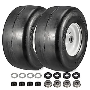 MaxAuto Set of 2 13x6.50-6 Flat Free Lawn Mower Smooth Tires on Wheel for Lawn Mower Garden Tractor(4.0"Centered Hub - Hub Length 4"-7.1" with 5/8" Sintered iron Bushing)