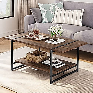 2-Tier Modern Industrial 41'' Large Wood Coffee Table with Storage Shelf - Rustic Metal Rectangle Center Living Room Coffee Table Accent Furniture for Home Office, Brown Walnut