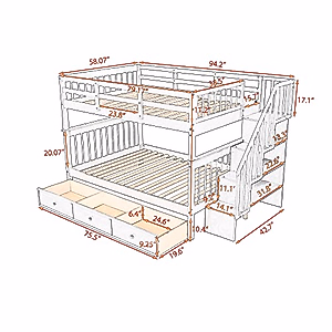 BIADNBZ Full Over Full Bunk Bed with Stairs Storage and Three Drawers, Detachable Stairway Wooden Bunkbeds Frame w/Guard Rail, for Kids Teens Adults Bedroom, White