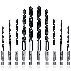 Mesee 10 Pieces HSS Brad Point Twist Drill Bits, 1/4 Inch Hex Shank Quick Change Twist Drill Bits Set for Woodworking Dowel Drilling - 4mm/ 5mm/ 6mm/ 8mm/ 10mm