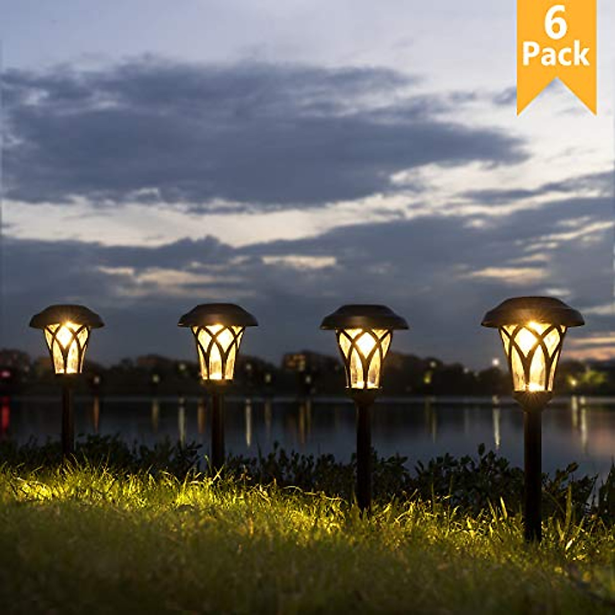 GIGALUMI Solar Pathway Lights Outdoor 6 Pack, Solar Garden Lights Warm White, Black Super Bright High Lumen Waterproof Metal Automatic Solar Lights for Path, Garden, Lawn, Patio and Walkway