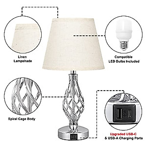 Touch Table Bedside Lamps Set of 2, Nightstand Lamps with USB C Ports and White Linen Lampshade, Bedroom Lamps with Spiral Cage Base Design, 3 Way Dimmable Table Lamps for Bedroom and Living Room