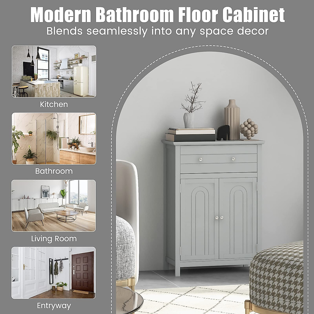 COSTWAY Bathroom Floor Cabinet, Wooden Side Storage Organizer w/Larger Drawer, Adjustable Shelf & 2-Door Cupboard, Freestanding Storage Cabinet for Living Room, Kitchen, Entryway (Grey)