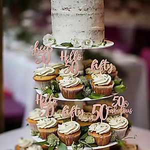 30PCS 50th Birthday Cupcake Toppers Glitter Fifty Hello 50 Cupcake Picks Cheers to 50 Fabulous Cake Decoration for Happy 50th Birthday Wedding Anniversary Party Decorations Supplies Rose Gold
