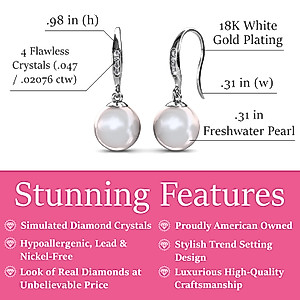 Cate & Chloe Betty 18k White Gold Plated Freshwater Pearl Earrings with Crystals, Silver Drop Dangle Crystal Earrings for Women, Classic Jewelry, Hypoallergenic, Gift For Her