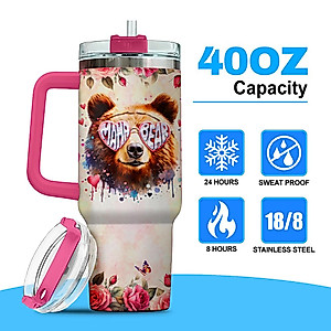 Mama Bear Rose Floral Color, Tumbler 40 Oz With Handle Lid And Straw, Cup Be Mommy Camelia For Nutrition Flower Funny Mother Day Quartz Handle Eleven Red, Mama Bear Gifts