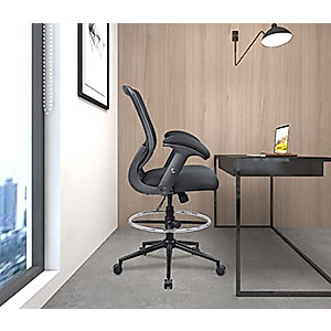 LONGBOSS Ergonomic Drafting Chair, Tall Office Chair Computer Desk Chair Standing Desk Stool with Adjustable Foot Ring and Flip-Up Arms (Black)