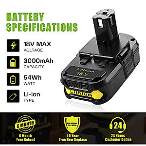 Powilling 2Pack 3.0Ah 18V Ryobi Lithium Replacement Battery for Ryobi 18V Lithium Battery ONE+ P102 P103 P104 P105 P107 18-Volt Cordless Tools Battery Include Charger