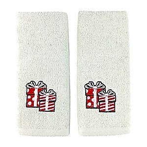 Christmas Fingertip Towel Set: Gnome Present Like Your Present, Grey Hand Towels with Red White Embroidery Jolly Gnome Present, Set of 2