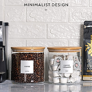 Laramaid 73oz 2Pack Glass Jar Canisters with Minimalist Labels, Round Pantry Jars with Bamboo Lids, Vinyl Customized Labels and White Pen, Food Storage Containers for Home, Kitchen and Pantry