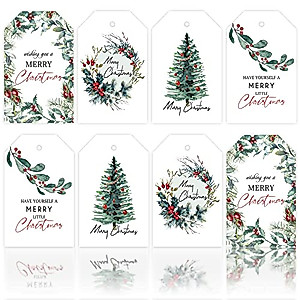 Whaline 100Pcs Christmas Gift Tags with 30m / 98.4ft Hemp Rope Watercolor Plants Seasonal Wishes Labels Holiday Season Gift and Favor Tags for Seasonal Favors Xmas Parties and Celebrations, 4 Styles