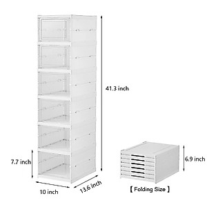 BLSFAOEM Foldable Shoe Rack Organizer Size up to 14,No Assembly Stackable Shoe Storage Box with Doors,Free Standing Plastic Space Saving Shoe Cabinet Bins Dustproof 6 Tiers