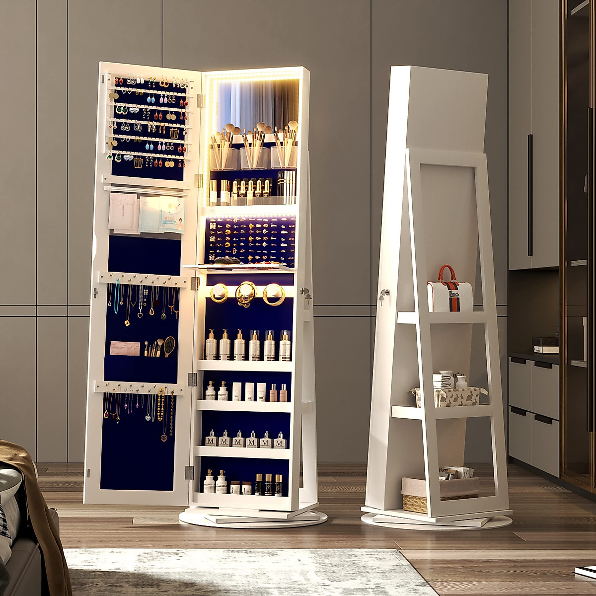 Vlsrka LED Jewelry Armoire with Full Length Mirror 360° Rotating, Jewelry Cabinet Large Standing Lockable Mirror Jewelry Organizer with Inner Makeup Mirror & Soft Velvet for Living Room Bedroom