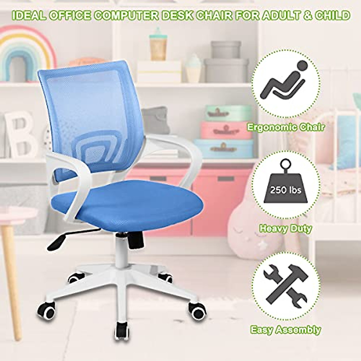 Geniqua Ergonomic Office Chair Mesh Desk Chair Computer Chair Lumbar Support Modern Rolling Adjustable Swivel Task Chair for Home Office, Blue