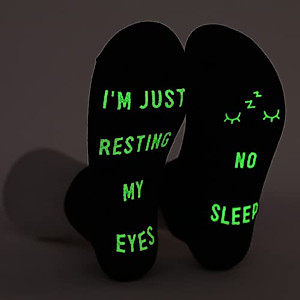 Yurlyson I'm Not Sleeping I'm Just Resting My Eyes Novelty Crew Socks with Glow Birthday Gifts for Men Father Dad Grandpa Son (Luminous-Black-eyes-Long)