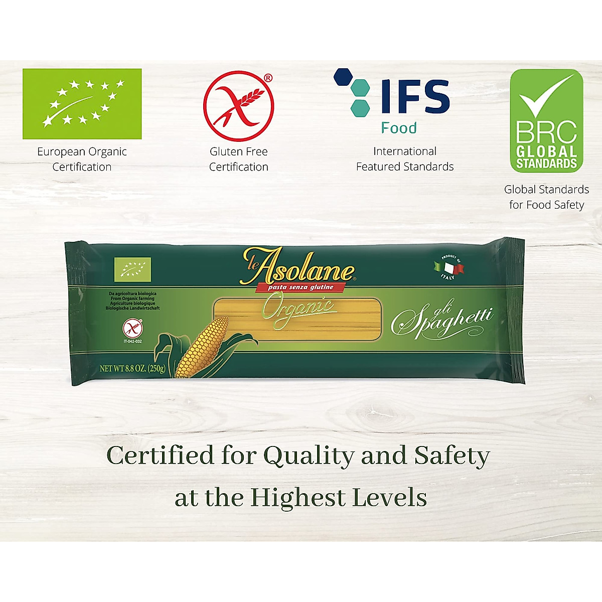 Le Asolane Certified Organic Gluten Free Pasta | Spaghetti | 4 Pack | Authentic Imported Italian Gourmet Pasta from Select Premium Grade Corn Flour | 8.8 oz packages