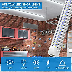 SHOPLED 8FT LED Shop Light Fixture, 72W 9360LM 6000K Cool White,High Output Linkable Tube Light, Double Sided V Shape T8 8 Foot LED Shop Lights for Garage, Warehouse, 4 Pack